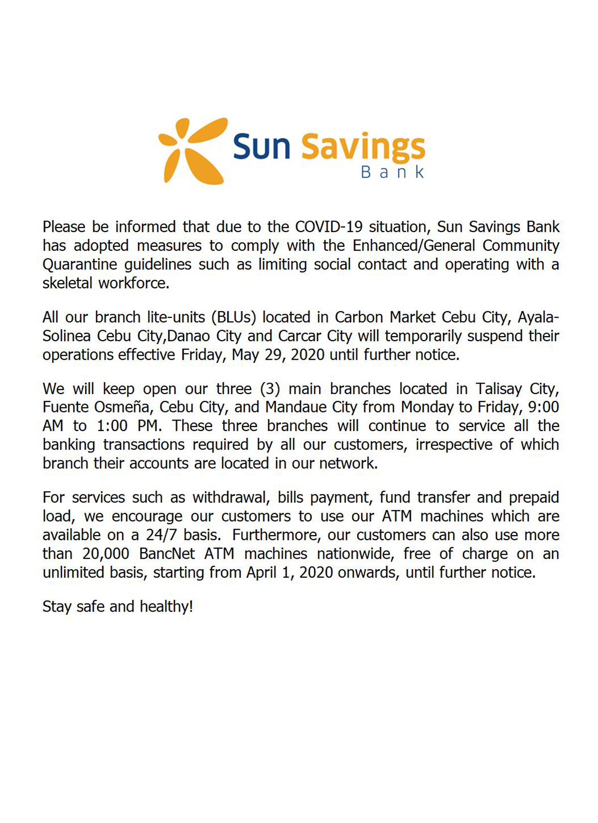 Advisory on Banking Operations – Sun Savings Bank