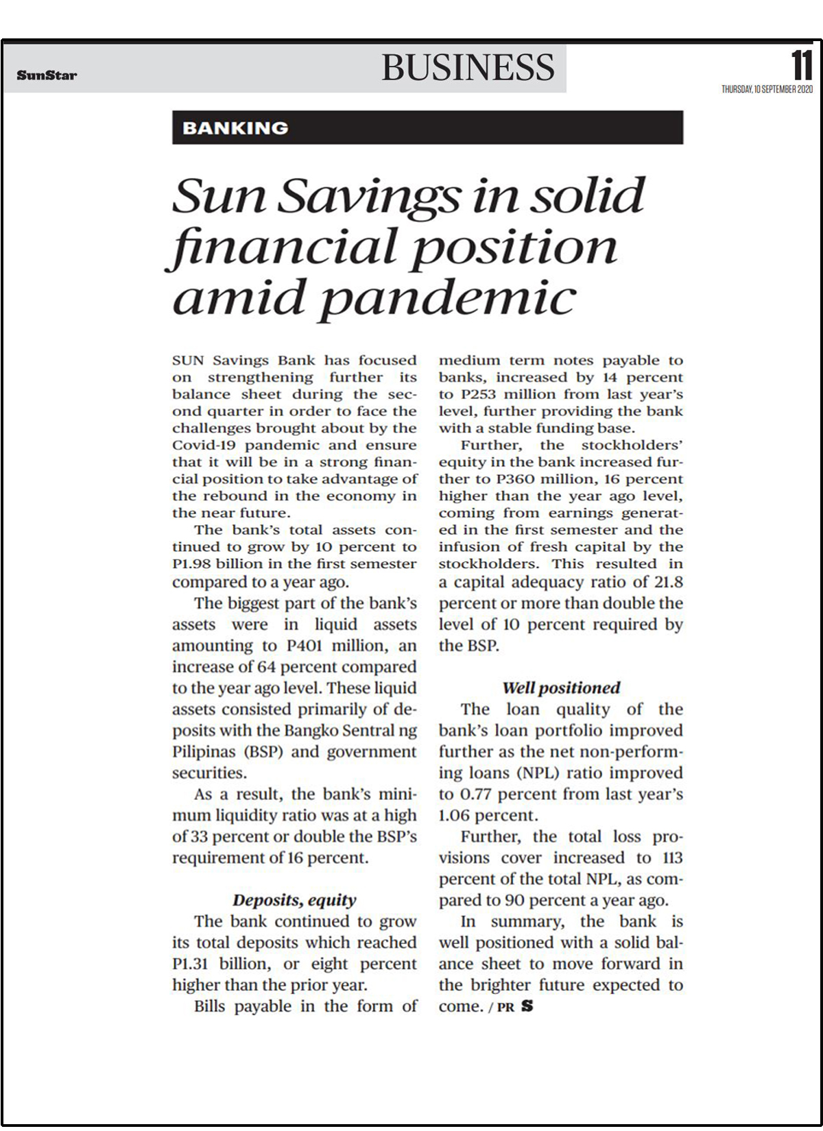 Sun Savings in solid financial position amid pandemic – Sun Savings Bank